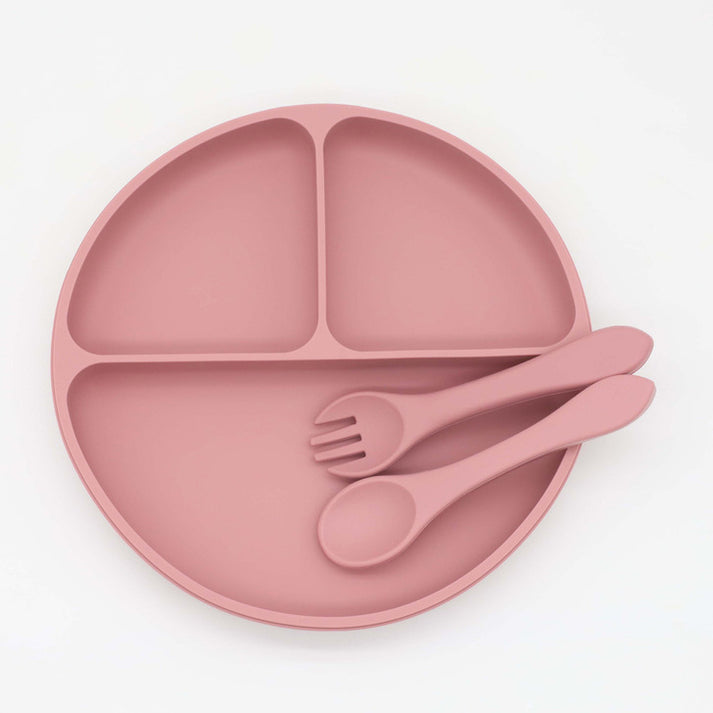 Baby Silicone Round Sucker Compartment Dinner Plate With Spoon Fork Se ...